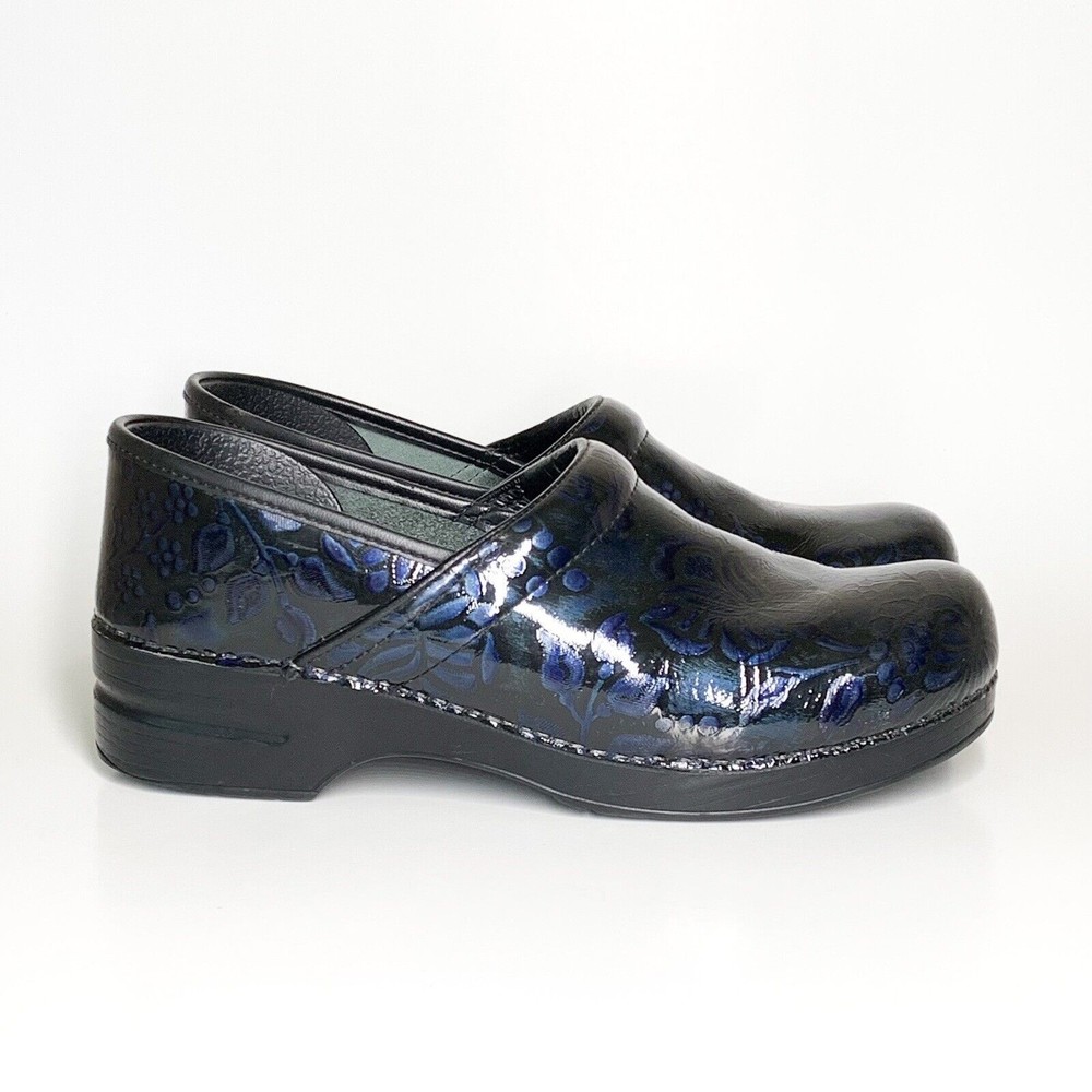 Dansko Professional Clogs Blue Black Patent Floral Bu… - Gem